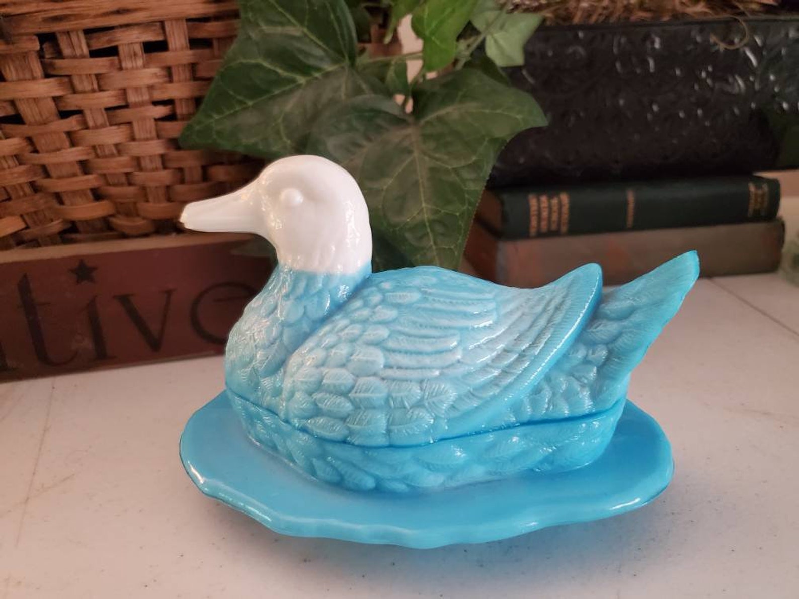 Blue Opaline Milk Glass Duck on Nest / Blue & White Glass Duck - Etsy