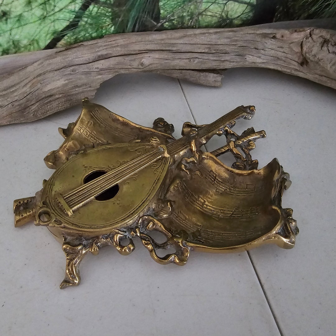 Ornate BRASS Mandolin & Sheet Music Trinket Box With Hinged Lid Vintage ...