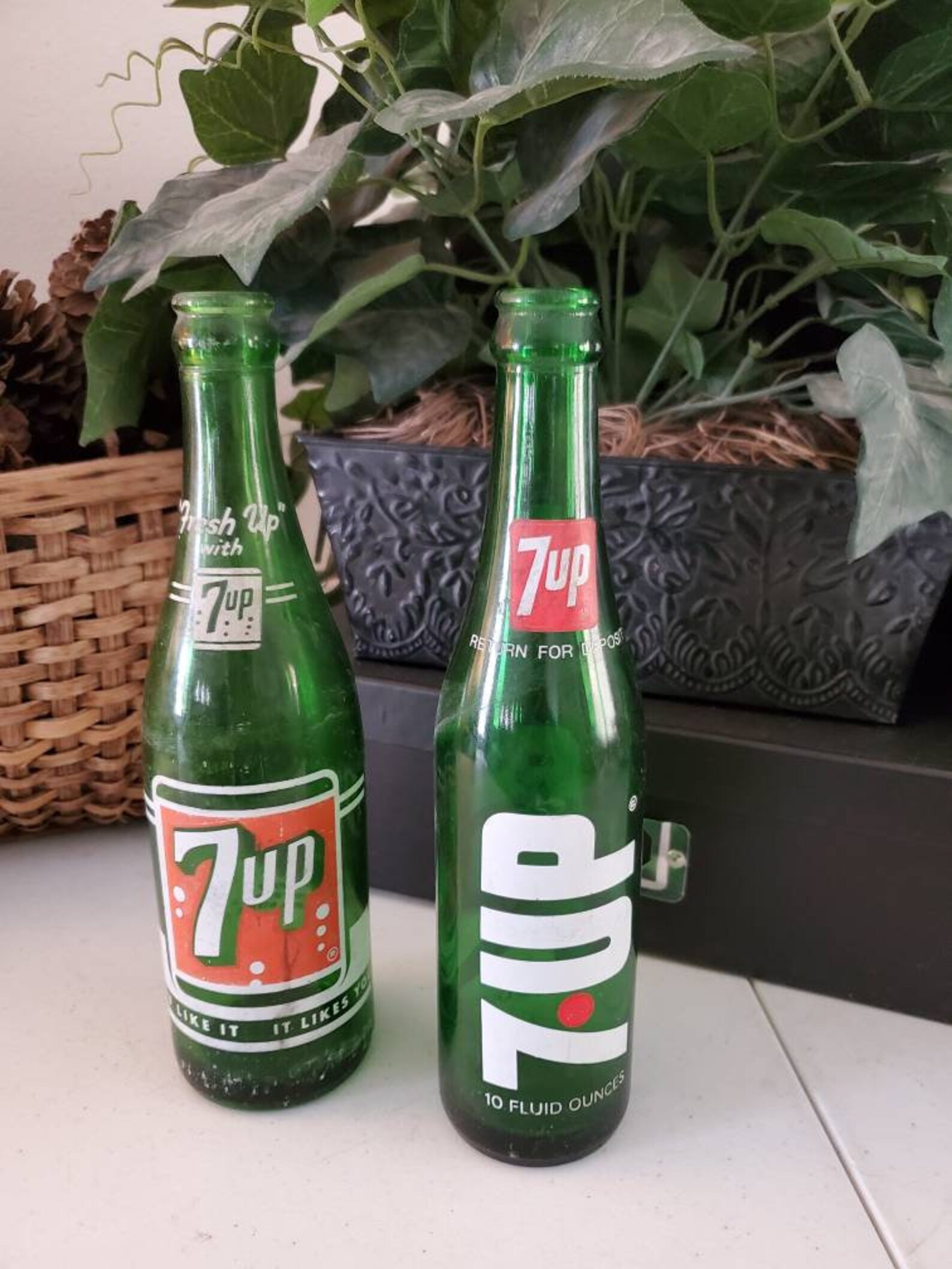 Vintage 7 UP Green Glass Soda Bottles Set of 2 / Collectible | Etsy