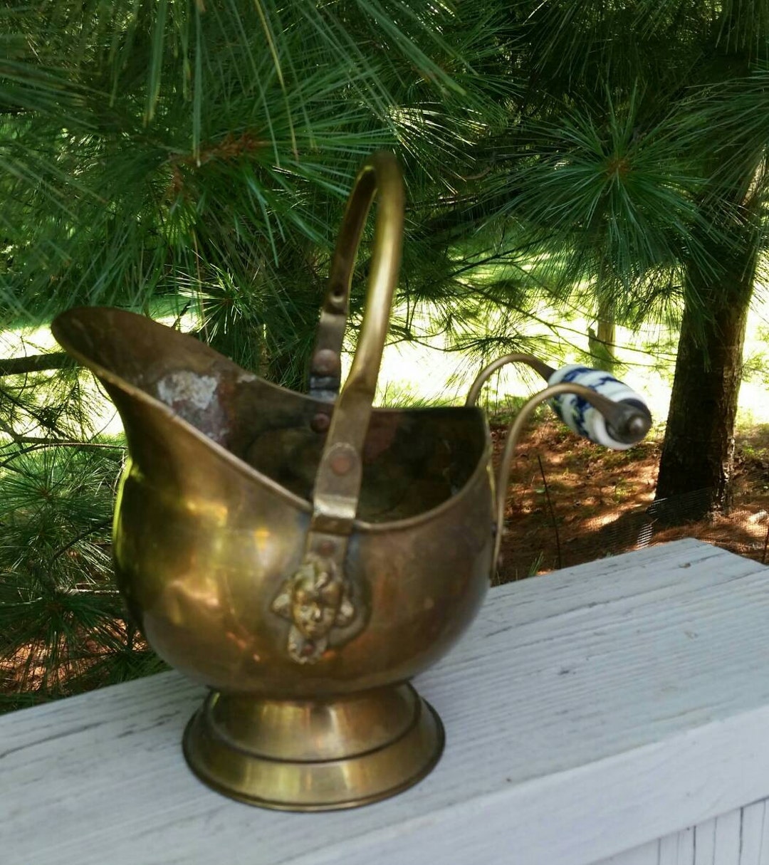 Extra Small Brass Coal Scuttle With Woman's Head Accents & Delft Handle ...