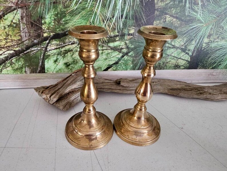 Brass Turned Stem Round Base Vintage Candle Holders Matched Pair Nice ...