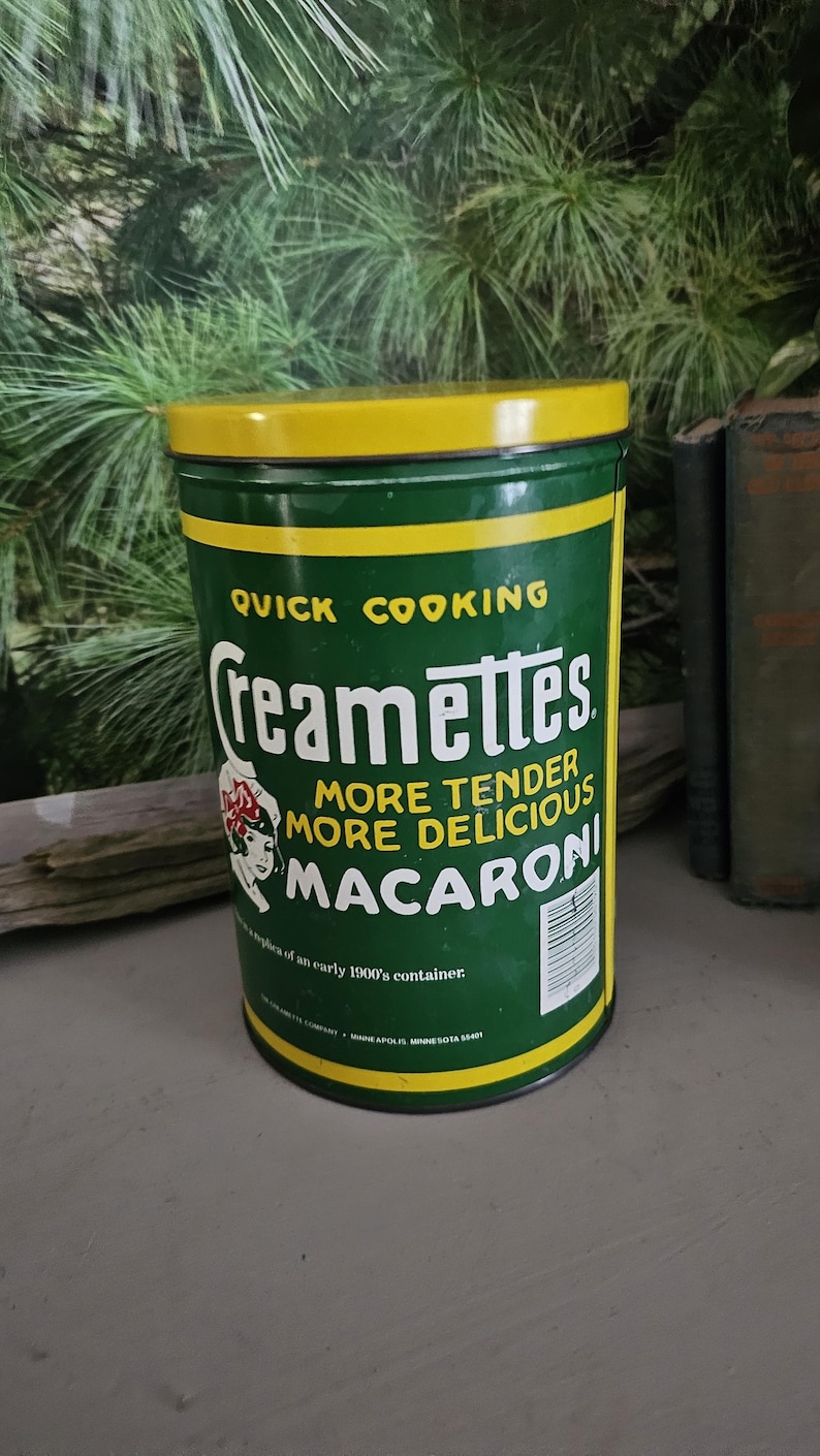 Vintage Creamettes Macaroni 2 LB Tin Green Yellow Nostalgic Collectible ...