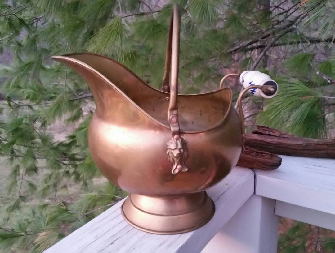 Small Brass Coal Scuttle With Lion Head Accents & Delft Handle Vintage ...