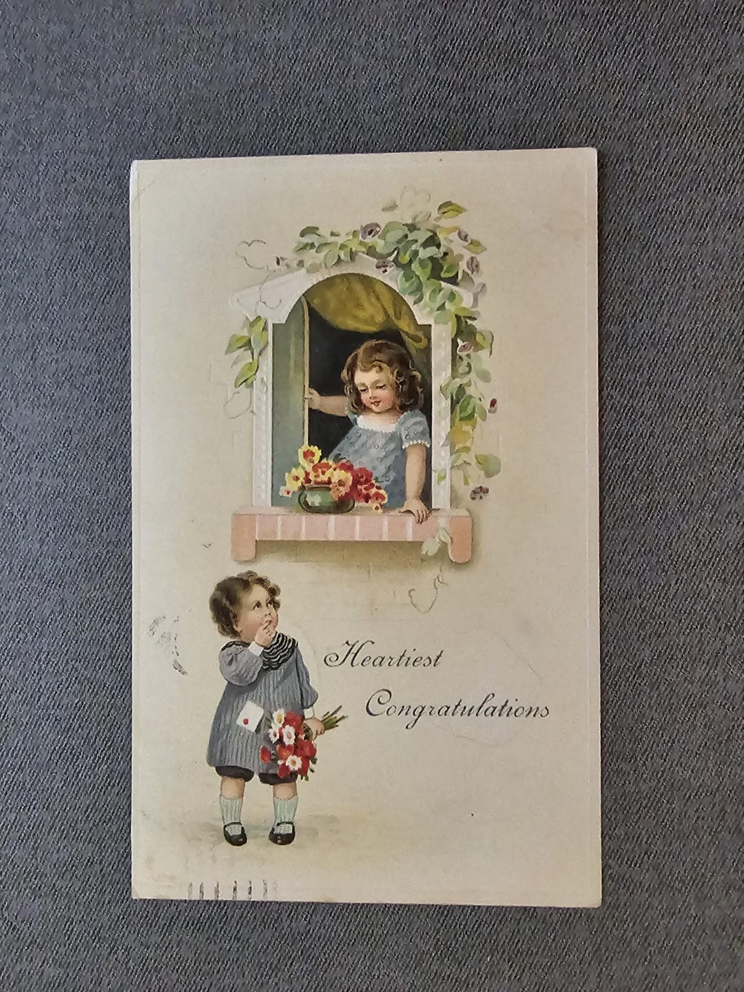 Heartiest Congratulations Embossed Boy & Girl Window Balcony Vintage ...