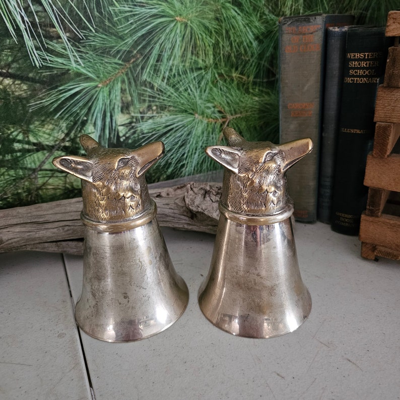 2 Brass & Silver Plate Fox Head Stirrup Goblets: Vintage Barware #3917 ...