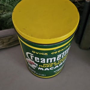 Vintage Creamettes Macaroni 2 LB Tin Green Yellow Nostalgic Collectible ...