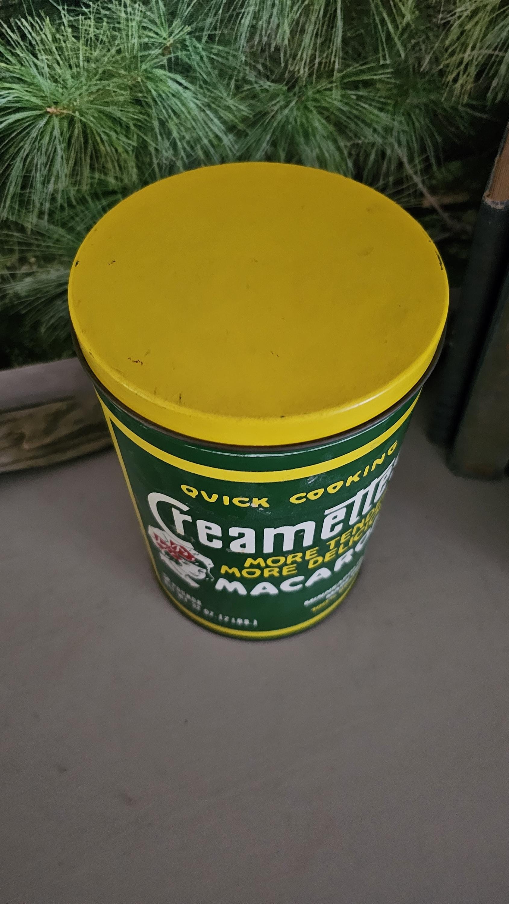 Vintage Creamettes Macaroni 2 LB Tin Green Yellow Nostalgic Collectible ...