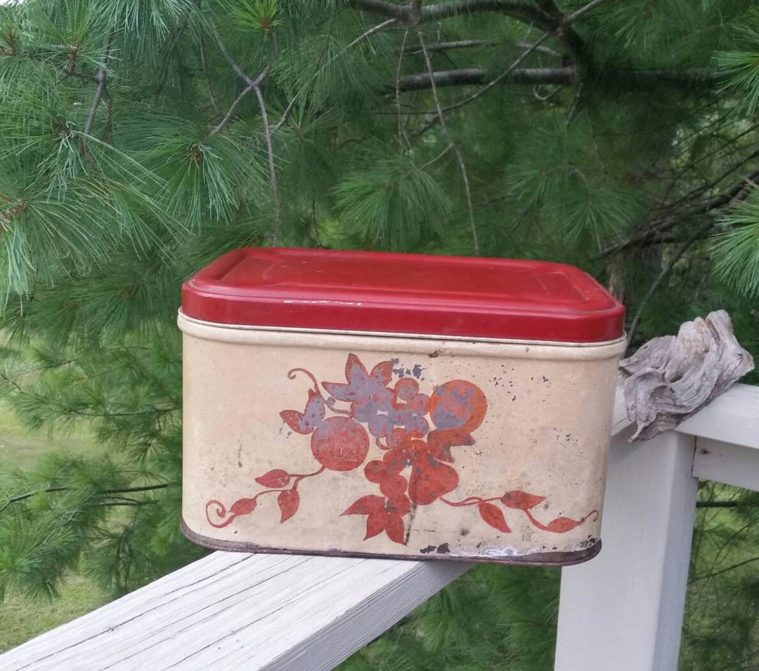 Metal Bread Box Distressed Paint Red Lid With Red Fruit Motif on Front ...