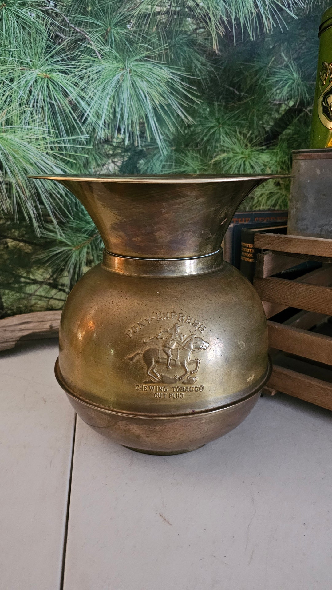 Brass Spittoon Pony Express Cut Plug Chewing Tobacco Double Sided Logo ...