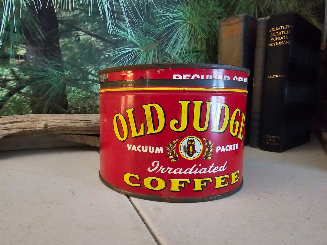 Antique Old Judge Coffee Tin With Owl Logo & Lid Red and Yellow ...