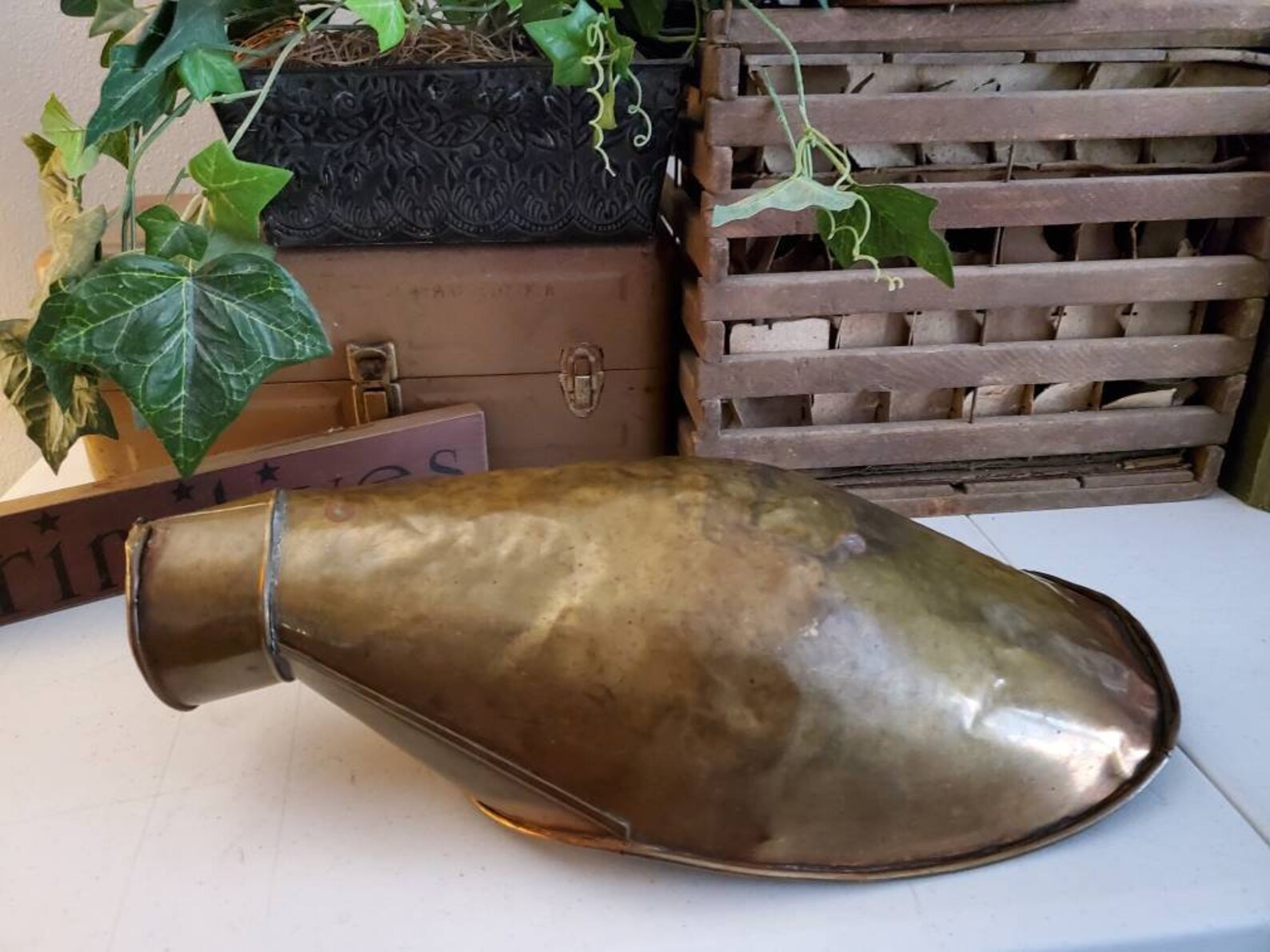 Brass Hanging Scale Pan Distressed Brass Funnel Nail Hopper Scoop Scale ...