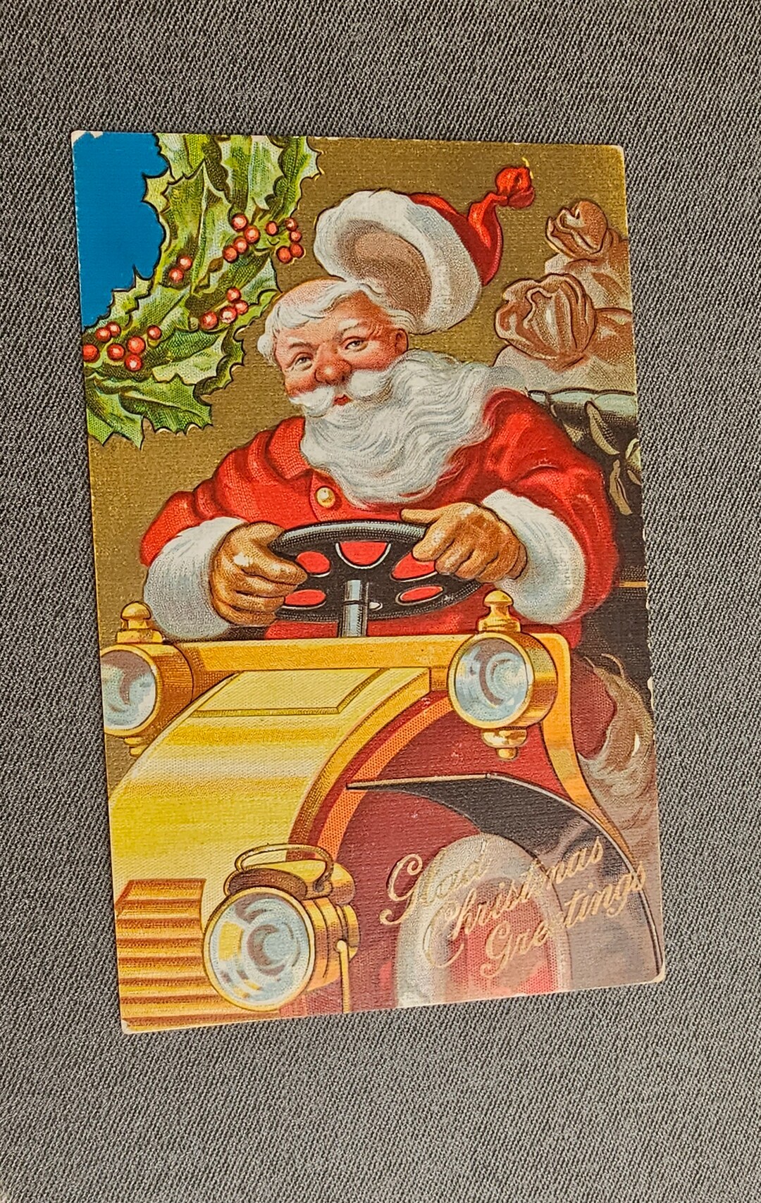 Christmas Postcard Santa Driving Car Glad Christmas Greetings Embossed ...