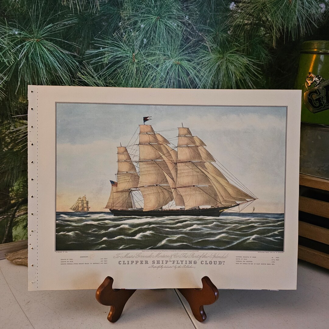 1952 "clipper Ship Flying Cloud" Lithograph Currier & Ives Bookplate ...
