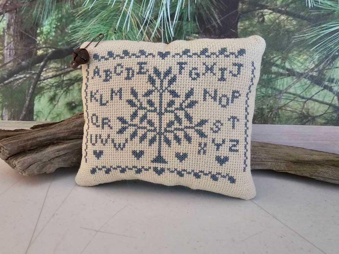 Colonial Blue Sampler Cross Stitch Mini Pillow With Pin & Rusty Bell ...