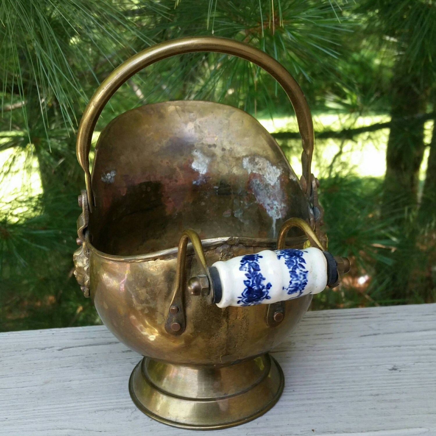 Extra Small Brass Coal Scuttle With Woman's Head Accents & Delft Handle ...