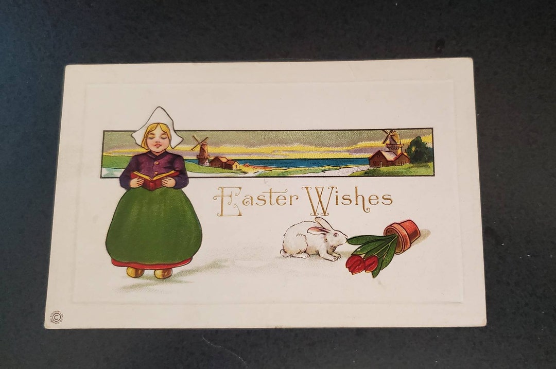Dutch Girl & Bunny EASTER WISHES Windmill Scene Antique Embossed ...