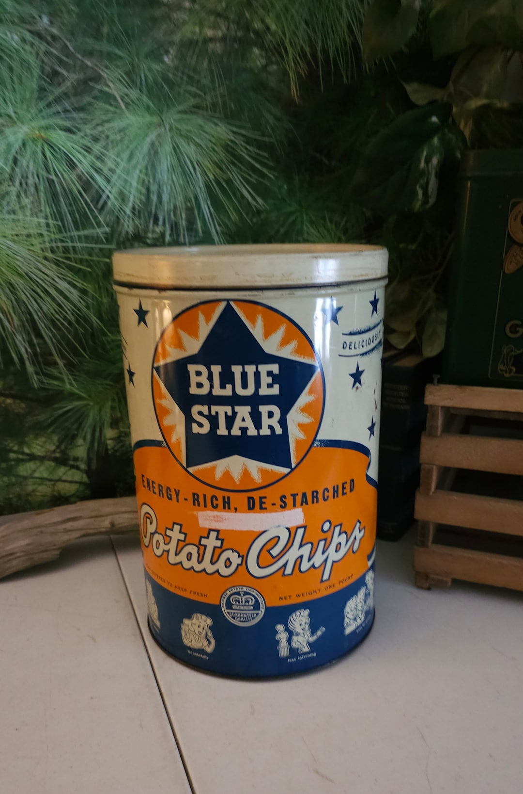 Old Blue Star Potato Chip Can, Blue Star Foods, Rockford, Illinois ...