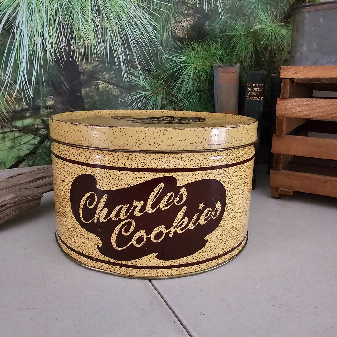 Yellow Gold & Brown Charles Cookies Tin Vintage Advertising MCM Kitchen ...