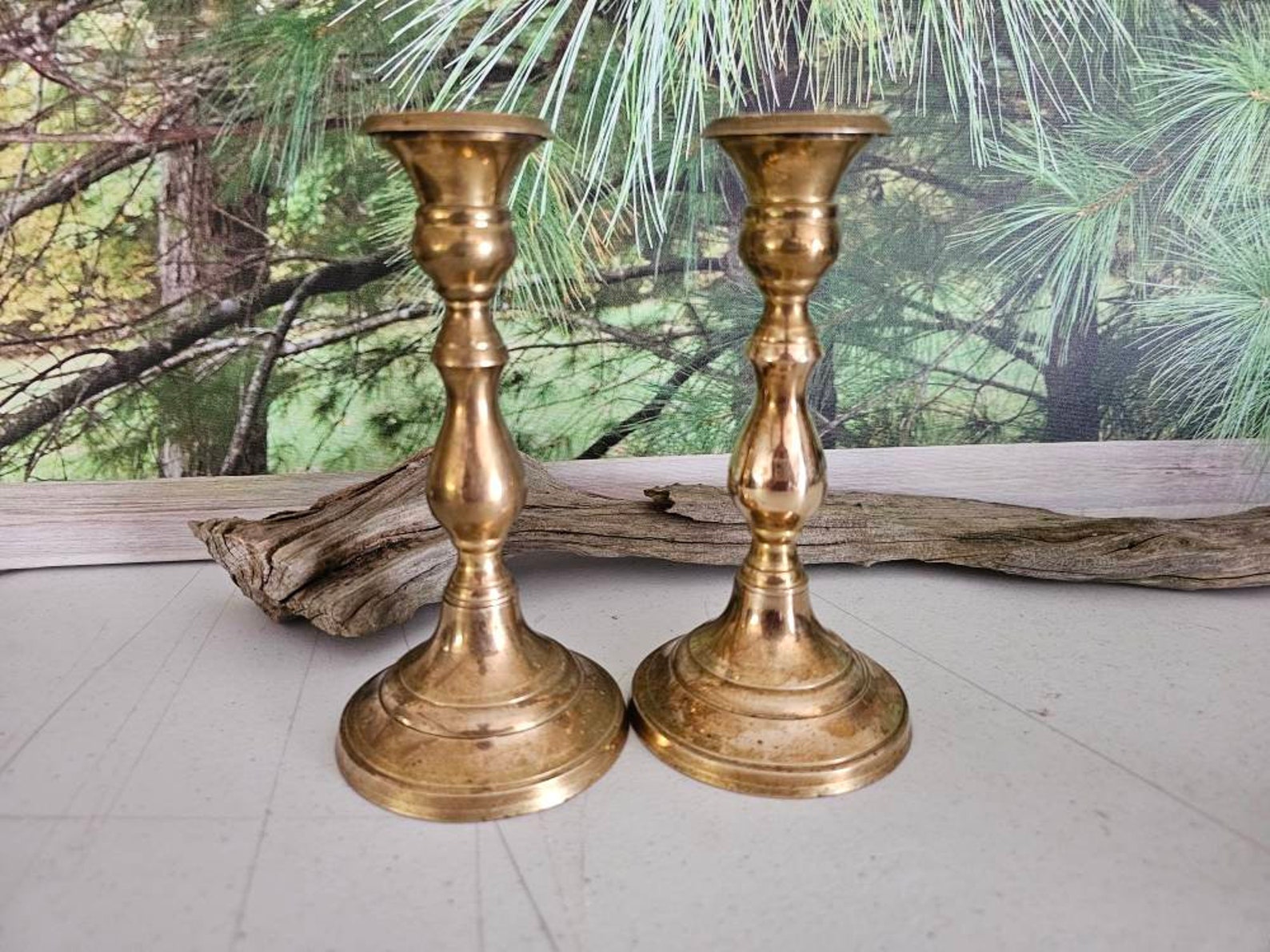 Brass Turned Stem Round Base Vintage Candle Holders Matched Pair Nice ...