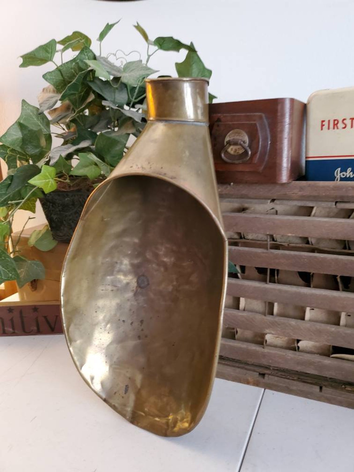 Brass Hanging Scale Pan / Distressed Brass Funnel Nail Hopper | Etsy