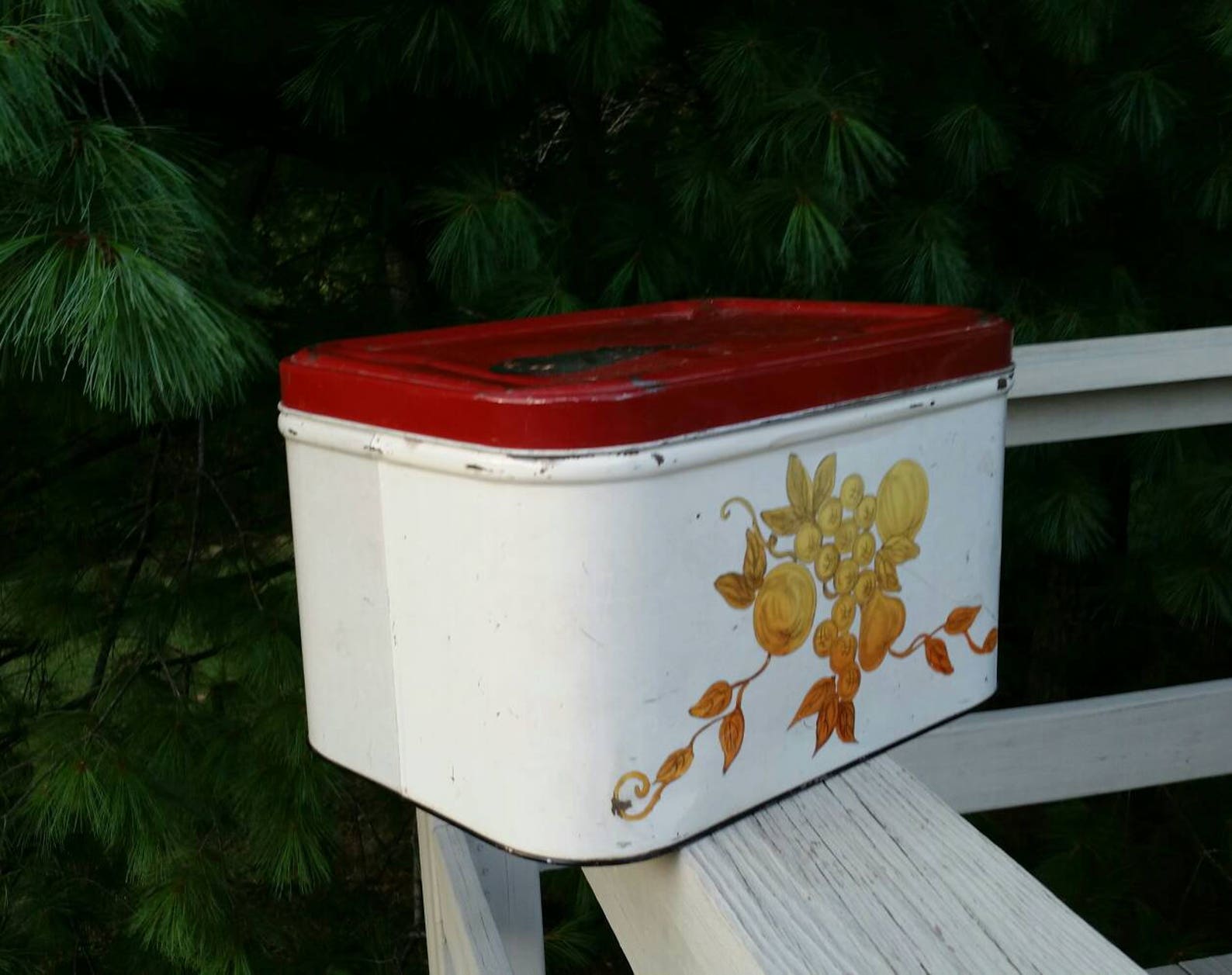 Metal Bread Box With Red Lid & Red Fruit Motif on Front / - Etsy
