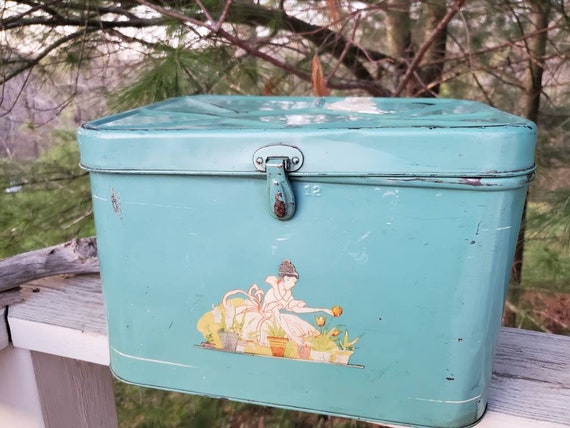 Green Metal Antique Bread Box Distressed Paint With Lady Decal - Etsy