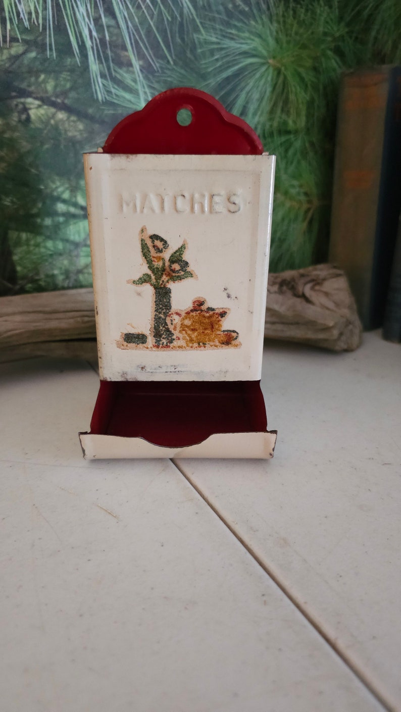 Distressed White & Red "matches" Metal Matchbox Holder Rustic Country ...