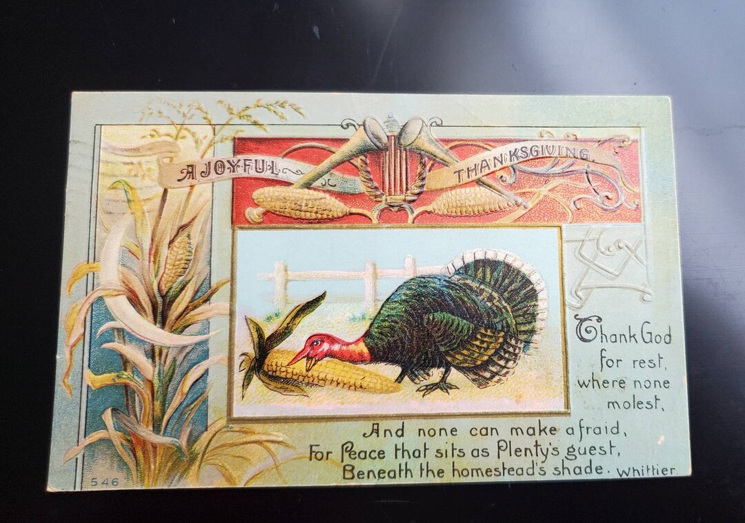 A Joyful Thanksgiving Postcard Turkey Eating Corn / - Etsy