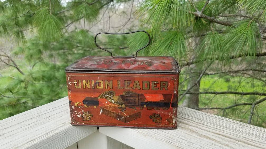 Antique Union Leader Cut Plug Tobacco Tin With Handle & Hinged Flip Lid ...