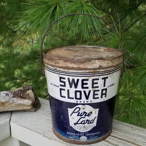 Sweet Clover Brand Pure Lard Pail 4 Lb. Dark Blue & White Can Rustic ...
