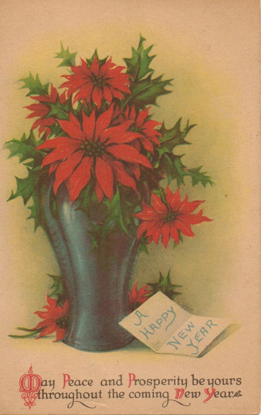 Red Poinsettias in Vase A Happy New Year Wolf Company Postcard ...