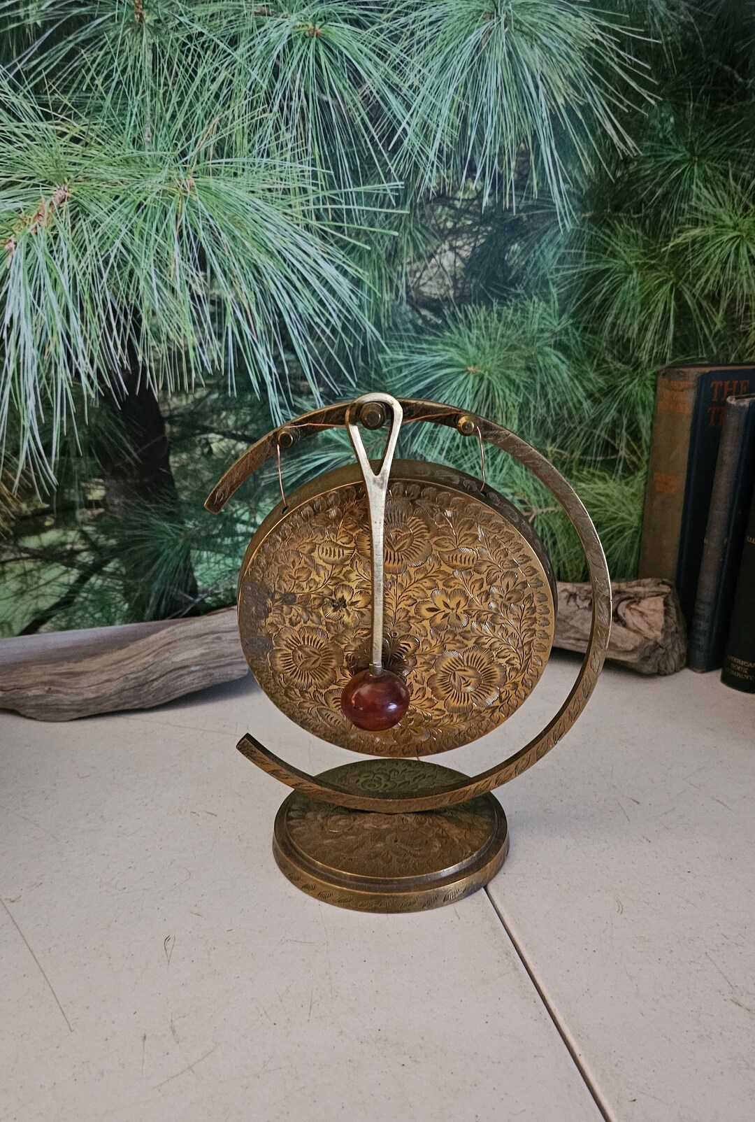 Etched Brass Round Tabletop Gong With Striker Vintage 1960s Brass Home ...
