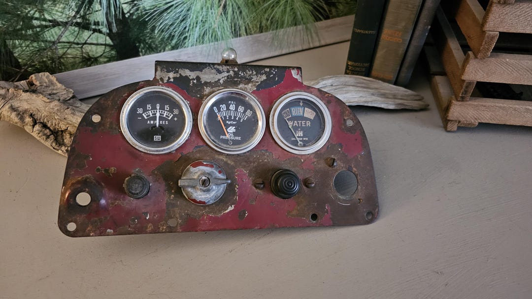 Vintage Red Metal Tractor Dashboard Instrument Panel 3 Gauges, Fuse ...