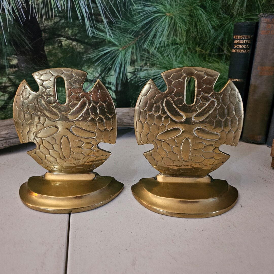 Brass Sand Dollar Bookends Vintage Mid Century Home Decor Ocean Cottage ...