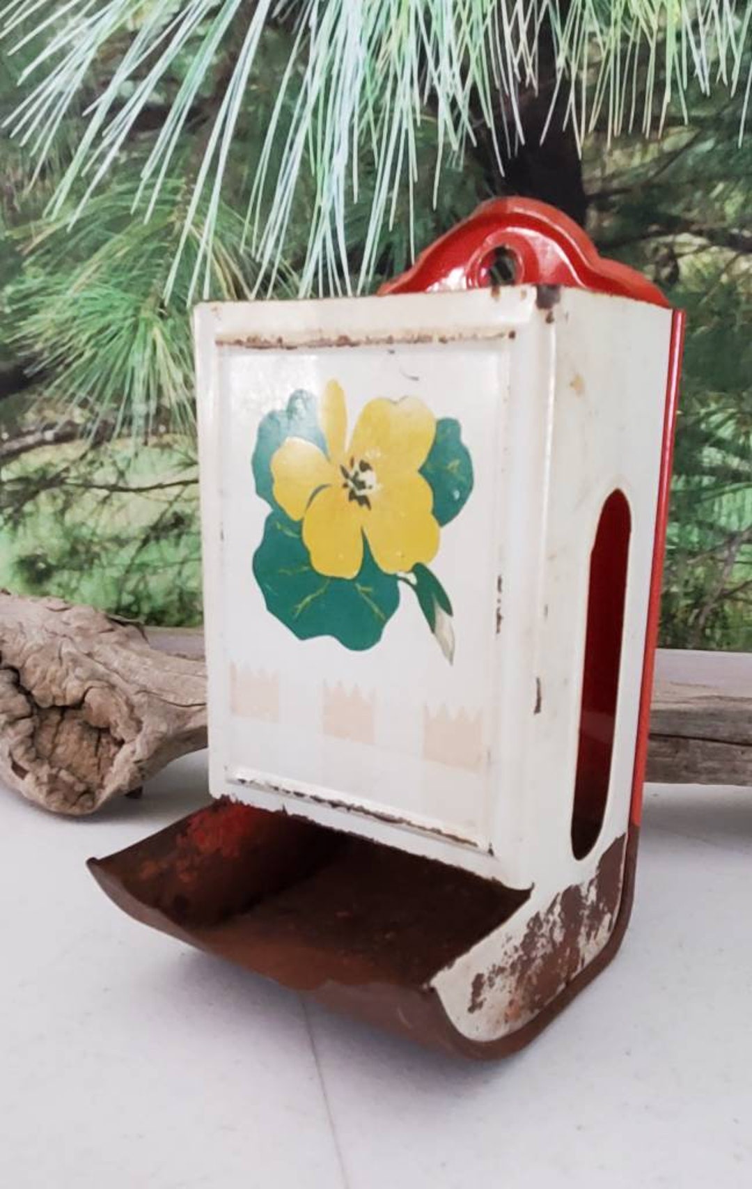 Rusty & Distressed Metal Matchbox Holder Yellow Flower Red Back Wall ...