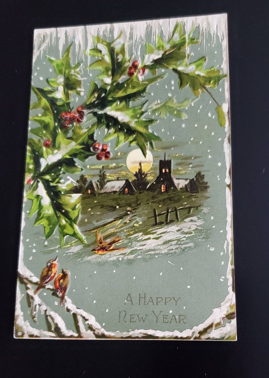A Happy New Year Full Moon Birds, Holly Winter Scene Collectible Ephemera Printed in Germany - Etsy