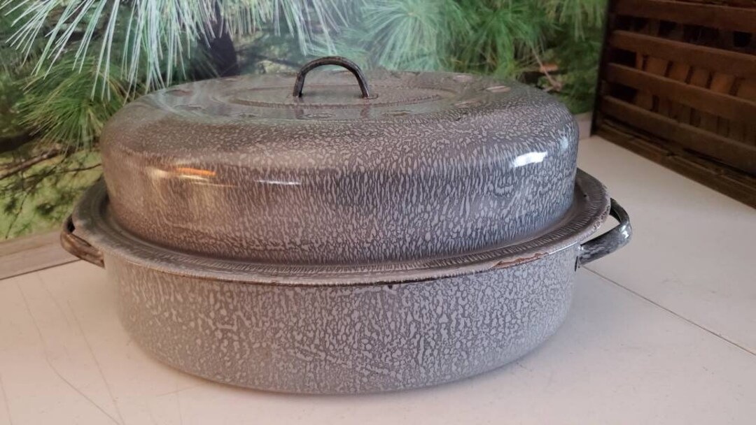 Gray Graniteware Roaster With Lid Enamelware Oven Cookware Distressed ...