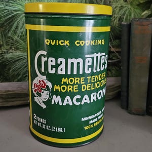 Vintage Creamettes Macaroni 2 LB Tin Green Yellow Nostalgic Collectible ...