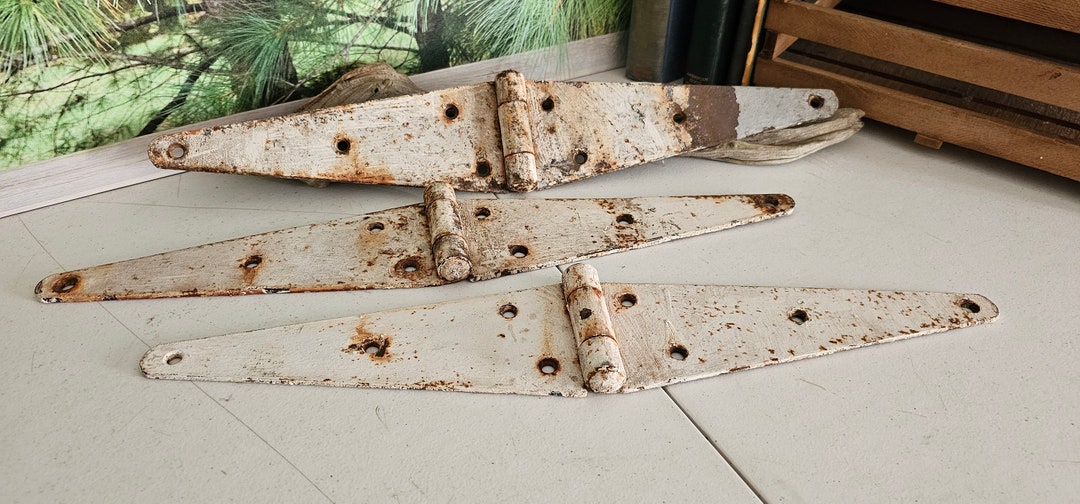 Set of 3 Large Distressed White Painted Barn Door Hinges Rustic ...