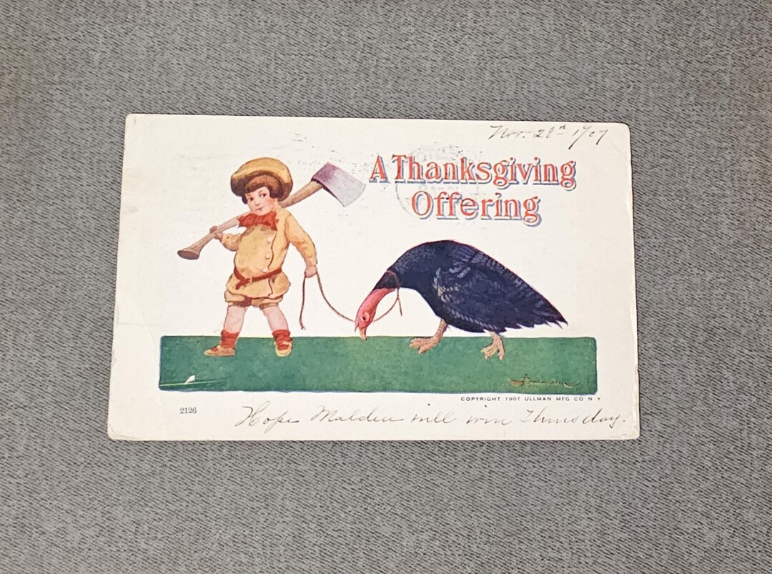 Antique Thanksgiving Postcard: Boy, Turkey, Axe - 1907 Ullman Mfg. Co ...