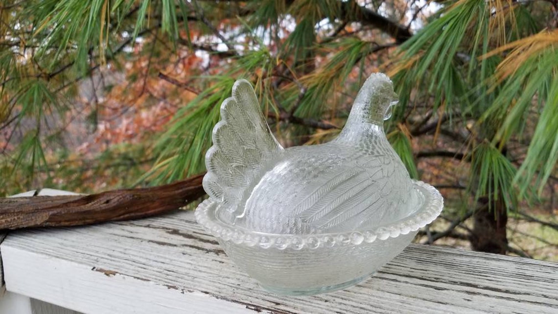 Clear Glass Chicken Hen on Nest by Indiana Glass 3 | Etsy
