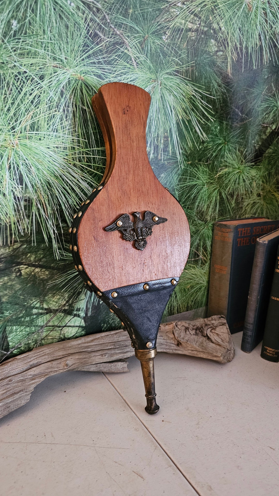 Small Wood & Leather Fireplace Bellows With Brass Eagle Accent Natural ...