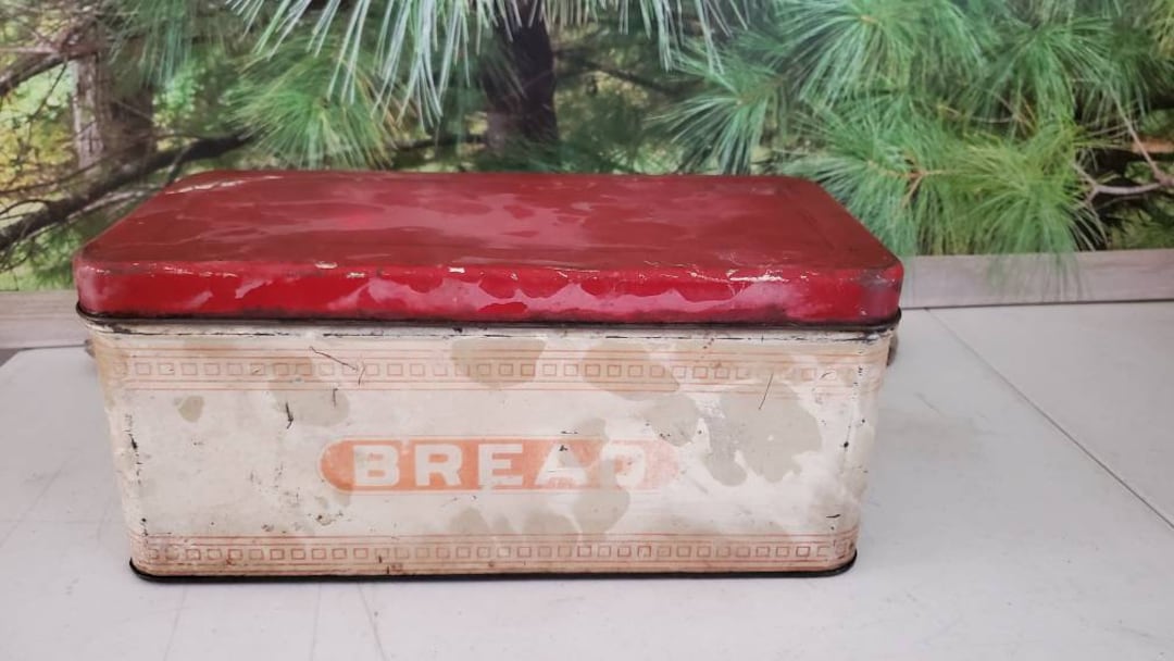 Distressed Red & off White Metal Bread Box, Single Loaf , Antique ...