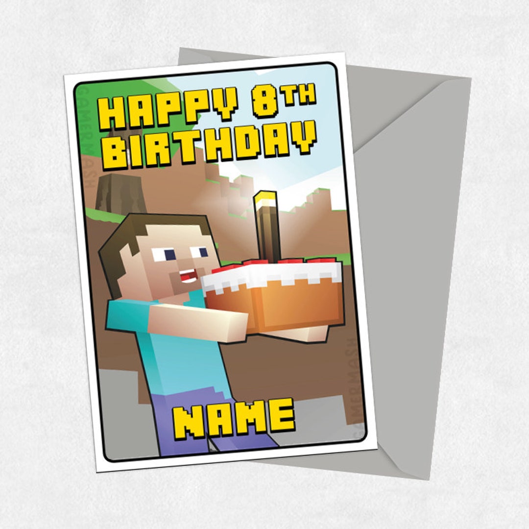 PERSONALISED BIRTHDAY CARD - Steve Cake - Minecraft Themed Gamer ...