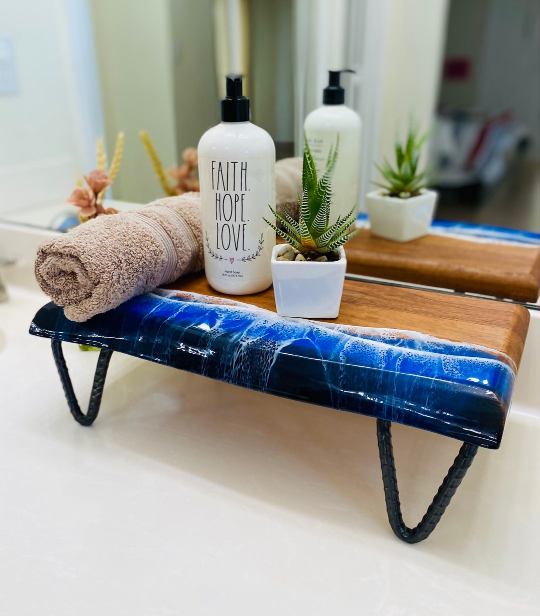 Decorative Wood Tray With Ocean Waves Resin Wood Stand With Ocean Resin ...