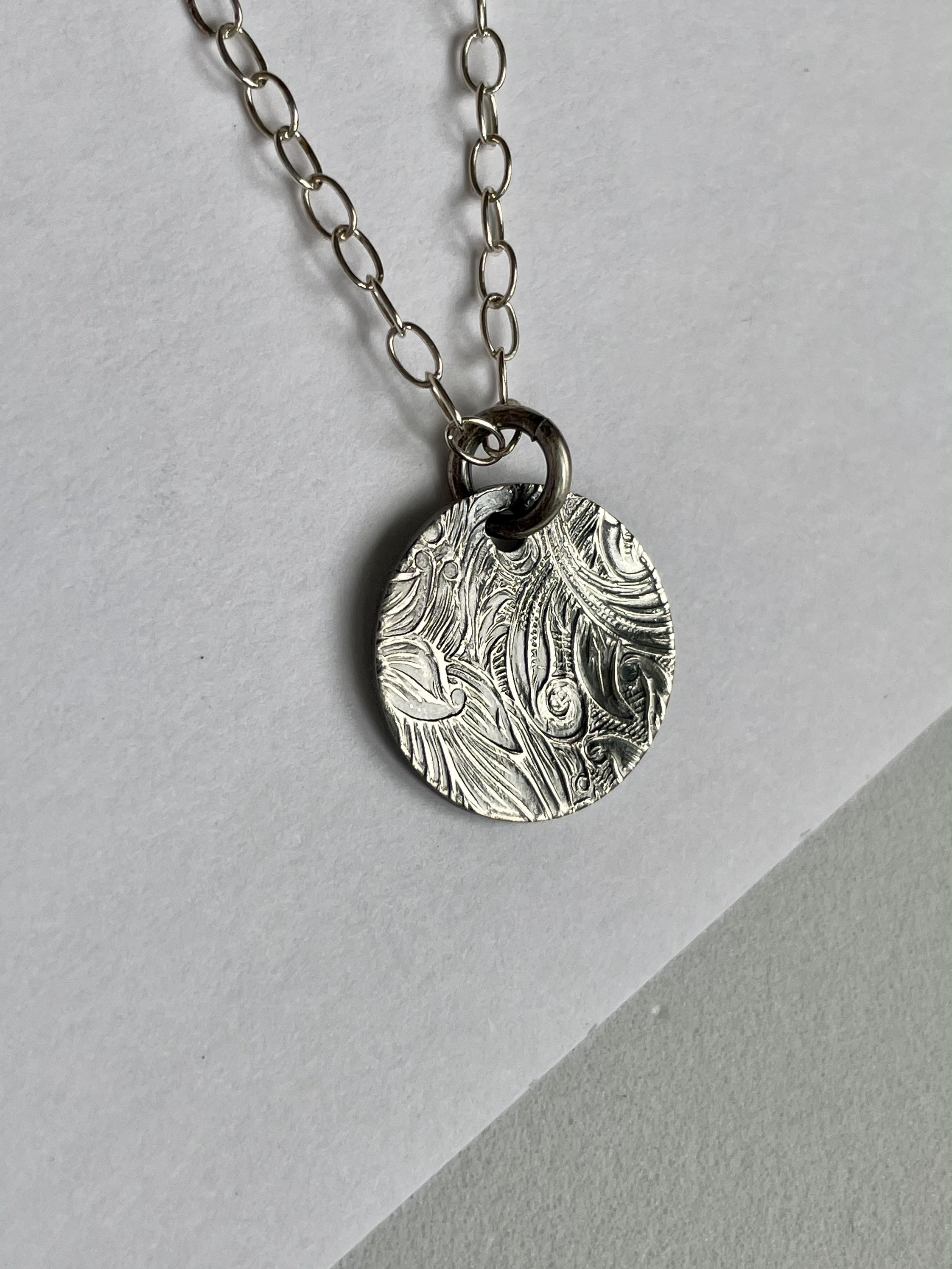 Textured Silver Disk Floral Embossed Charm Necklace - Etsy UK