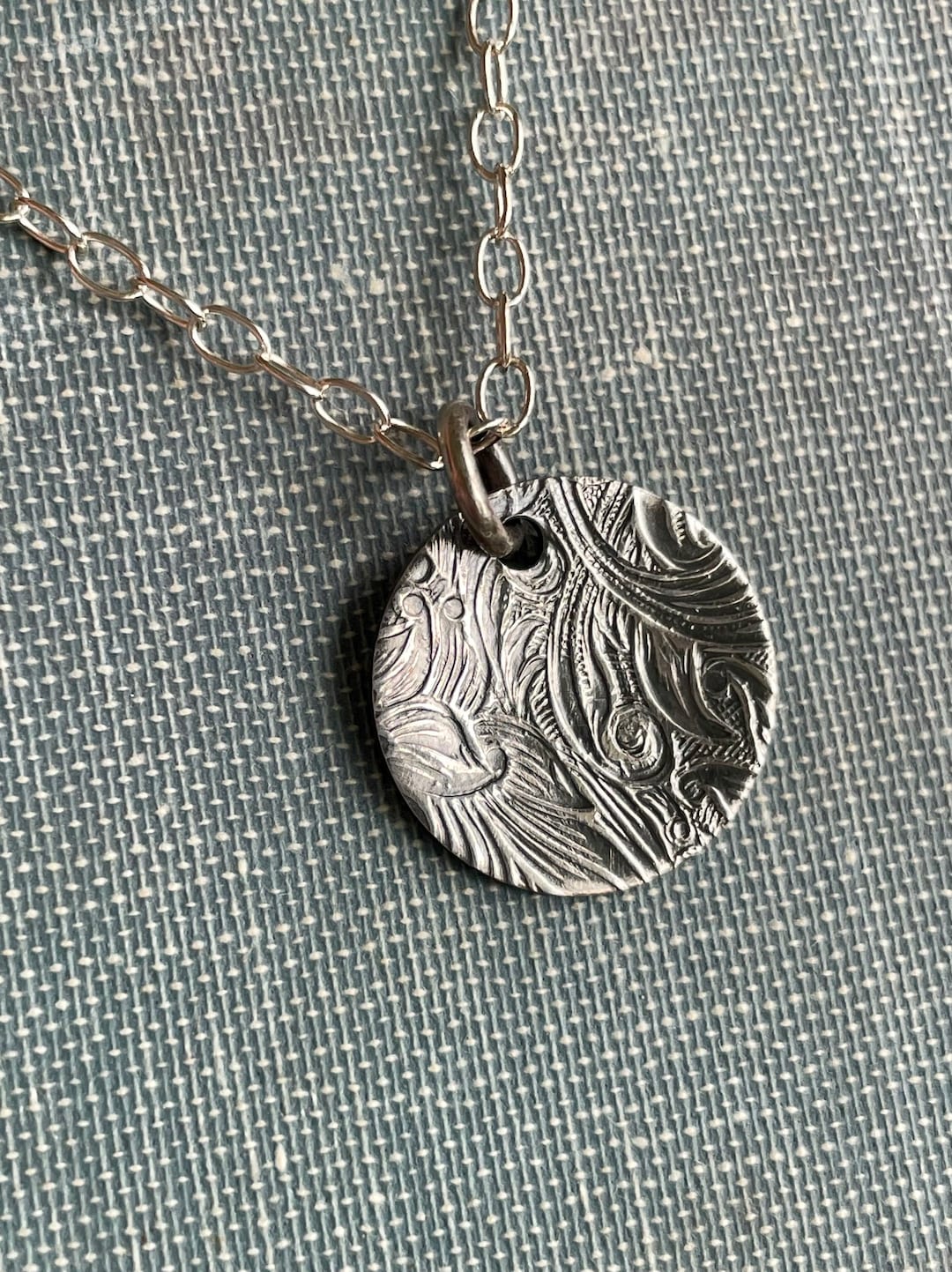 Textured Silver Disk Floral Embossed Charm Necklace - Etsy UK