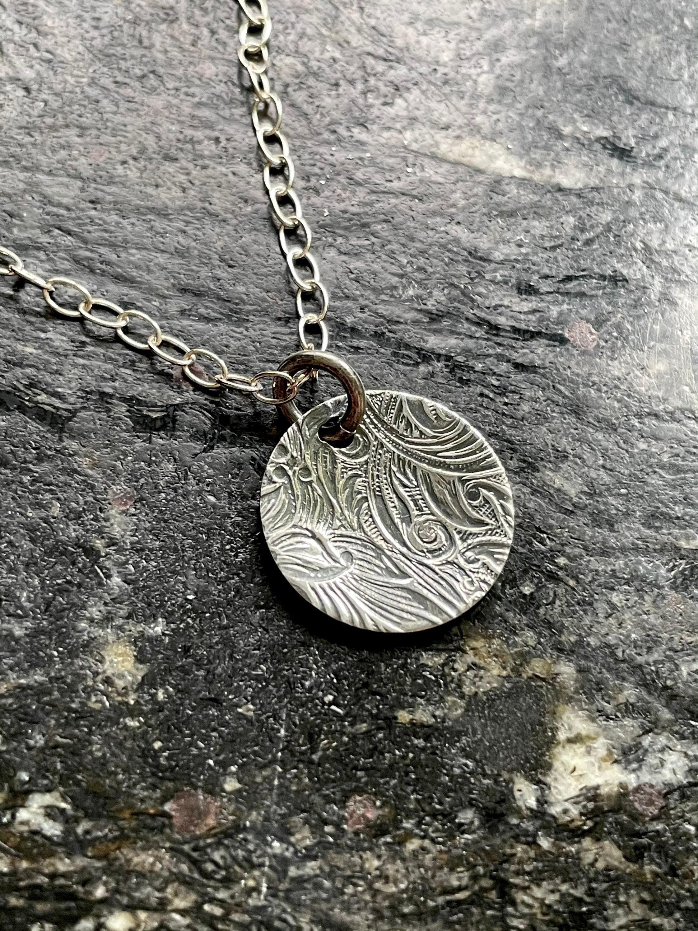 Textured Silver Disk Floral Embossed Charm Necklace - Etsy UK