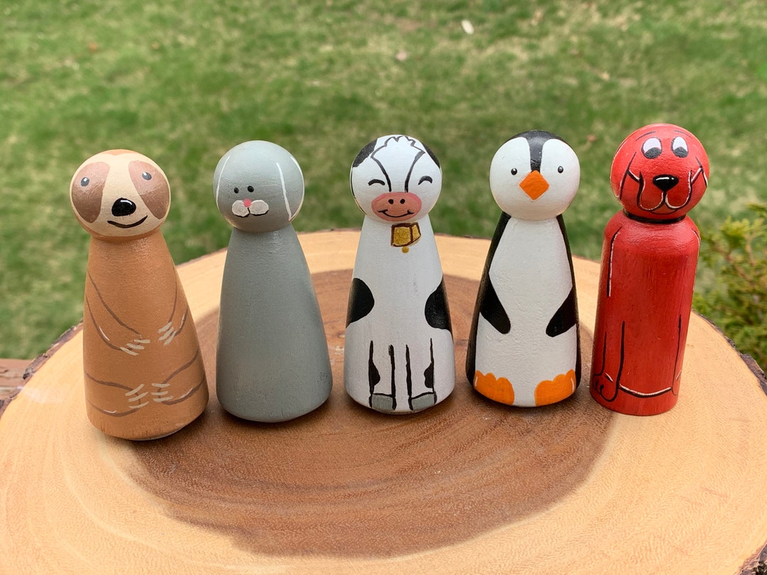 Animal Peg Dolls, Sloth, Cow, Clifford Dog, Bunny Rabbit and Penguin - Etsy