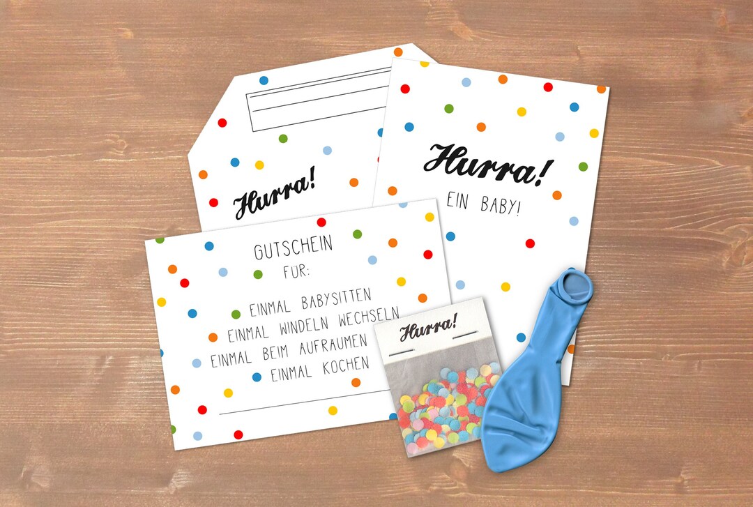 Hurra a Baby german Card Set With Confetti and Balloon // Recycling ...